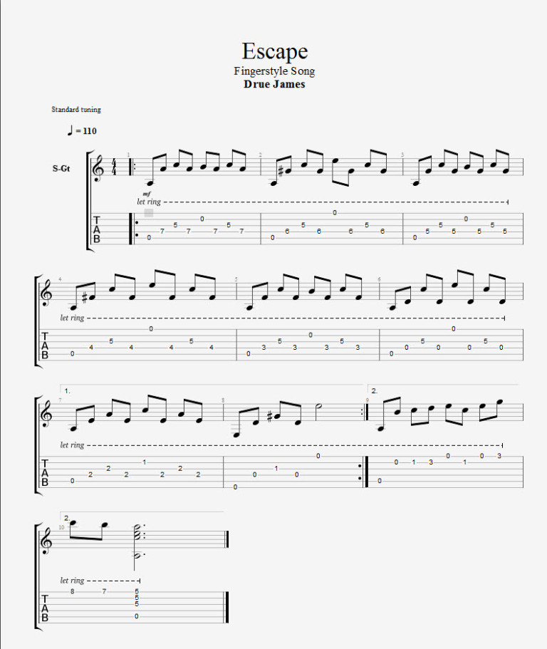 Escape – Fingerstyle Song – TAB - LearnGuitarInLondon.com - Drue James